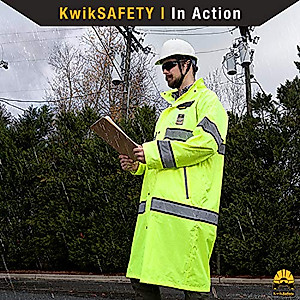 KwikSafety - Charlotte, NC - TORRENT High Visibility Rain Gear - FOLDABLE HOOD - Class 3 ANSI OSHA Reflective Waterproof Trench Safety Jacket/XL