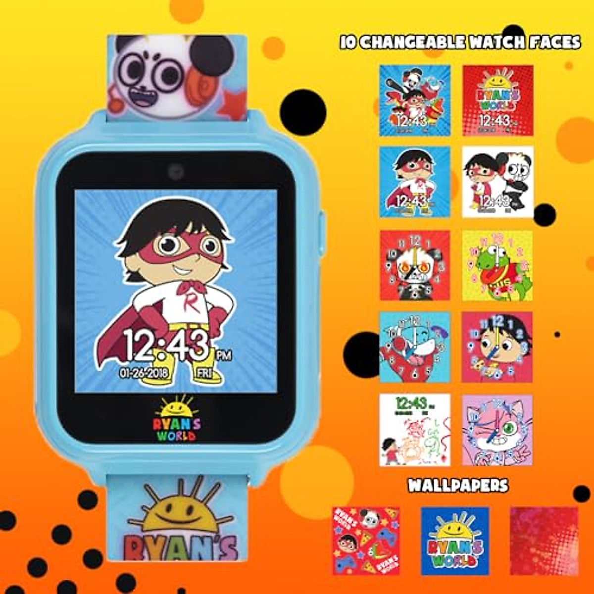 Ryan’s World Interactive Kids Smartwatch - 10 Fun Watch Faces, Built-in Games, Camera, Alarm, Stopwatch, Calculator, Step Counter & More - Perfect for Boys and Girls - Fits Wrists 5.5'' to 8.0"