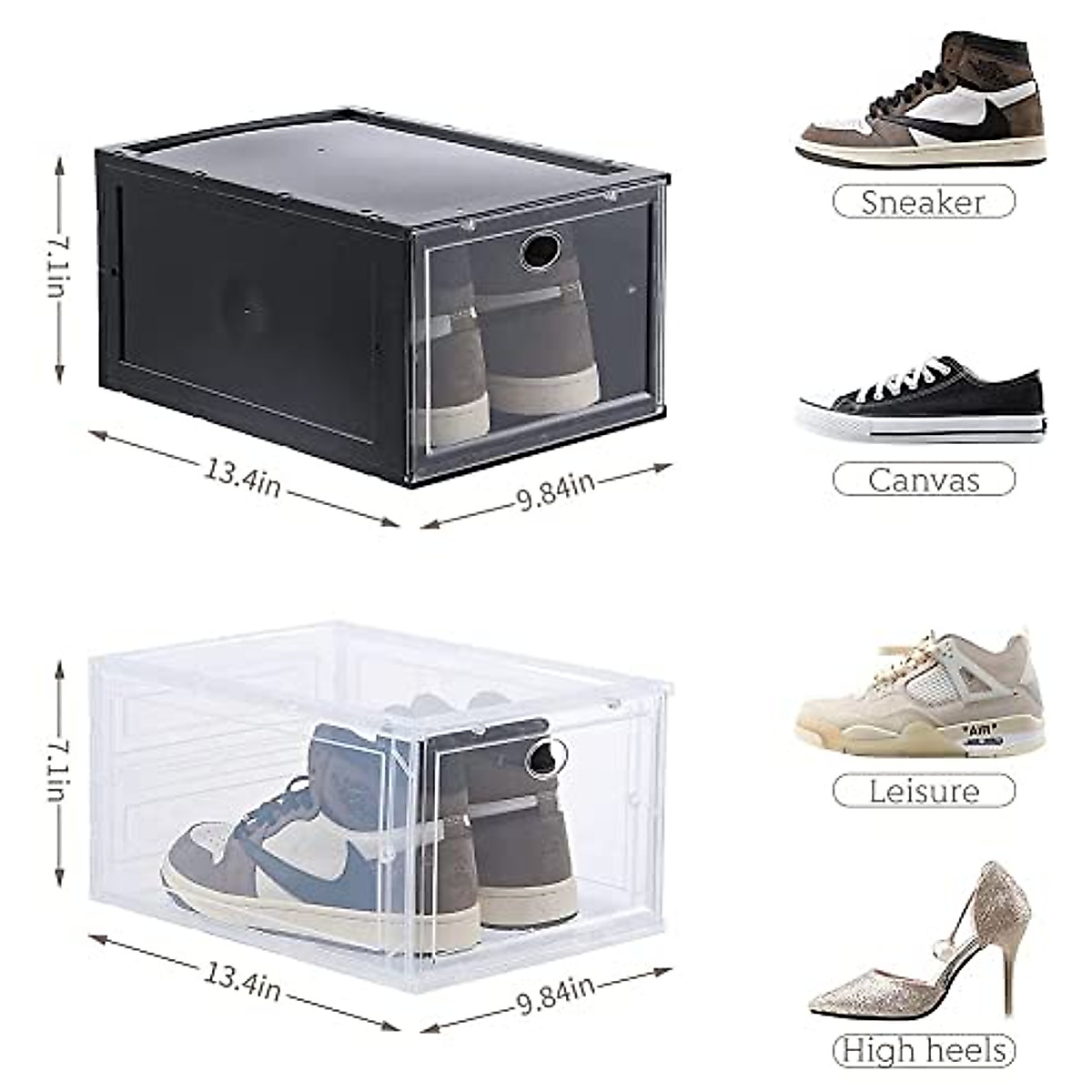 WANHUX Front Shoe Box, Set of 6, Stackable Plastic Shoe Box with Clear Door, as Shoe Box and Clear Shoe Box for Displaying Sneakers, Easy to Assemble, Fits US Size 12 (13.6x 10.6x 6.7 inches)