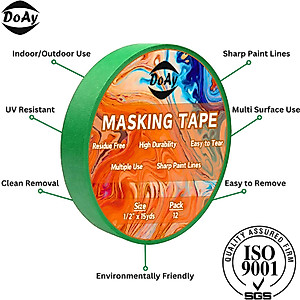 DOAY Colored Masking Tape 1/2" x 15 Yard - Multi Color - Multi Surface Use - 12 Bright Colors