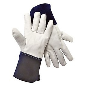 Radnor Medium 12 14" White and Blue Premium Grain Goatskin Unlined MIGTIG Welders Gloves with 4" Split Cowhide Gauntlet Cuff (64056447)