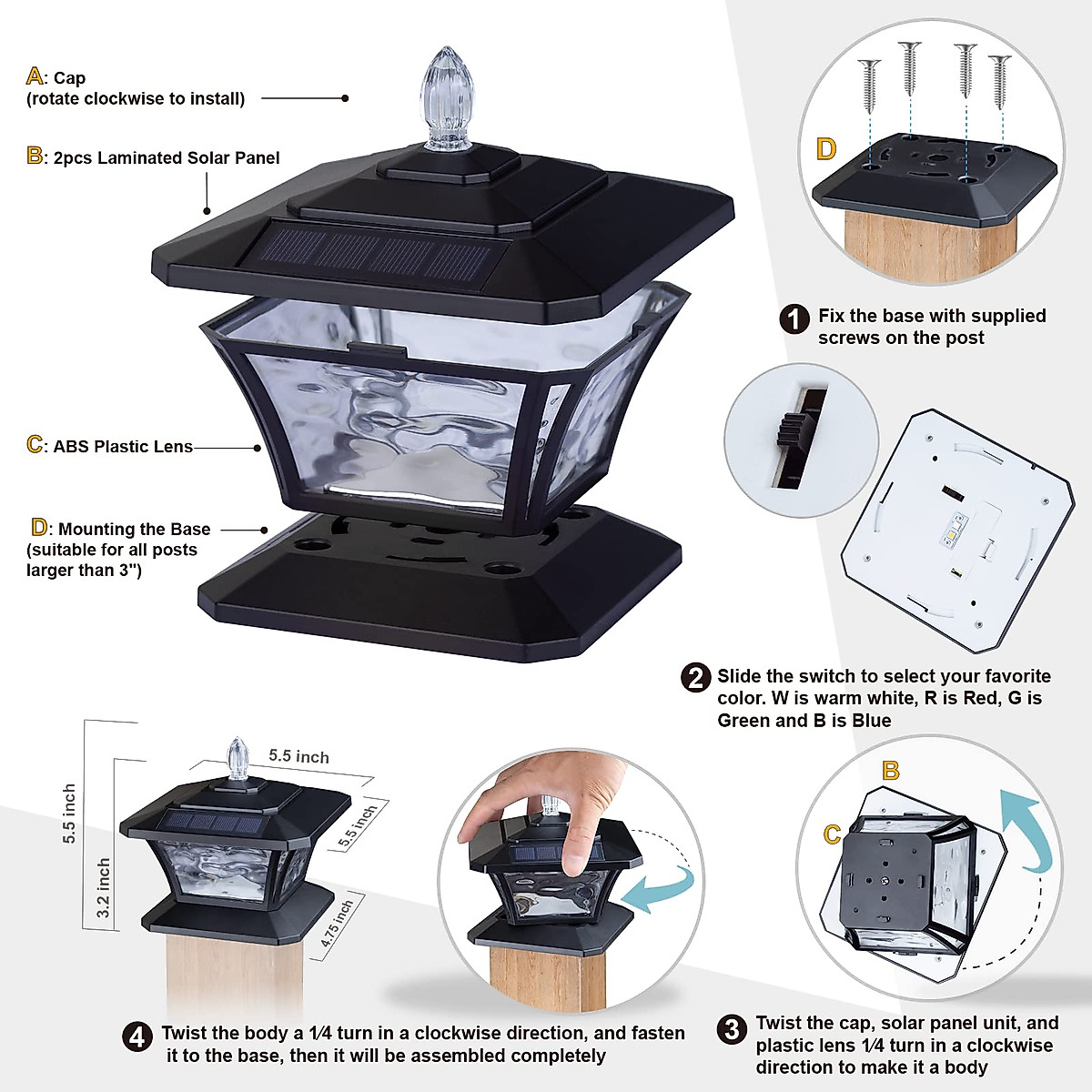 Solar Post Cap Lights Warm White/Red/Green/Blue 4 Lighting Mode, 15 Lumens 1000mAh Battery IP54 Waterproof, Fits 3.5x3.5 4x4 4.5x4.5 5x5 Fence Post Lights Solar Powered Outdoor Lights, Black (2 Pack)