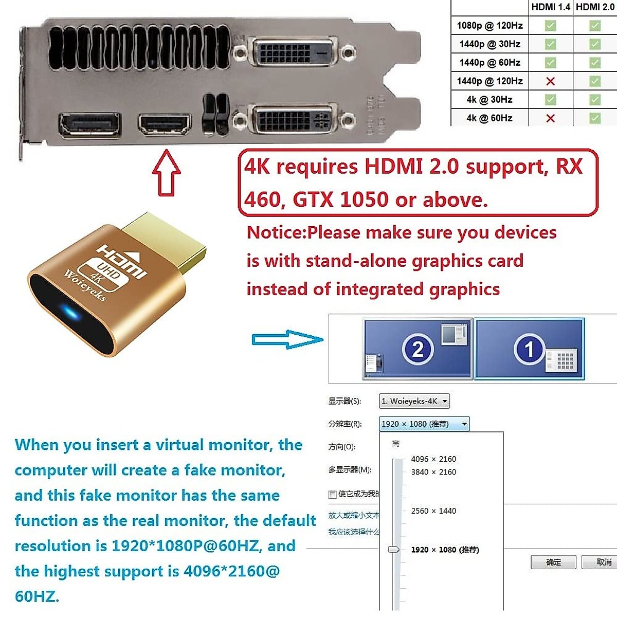 HDMI Dummy Plug（4K UHD） Headless Ghost Adapter,Virtual Monitor Display Emulator Compatible with Windows, Mac OS, Linux Support 4K/2K/1080P Multiple Resolutions(3 Pack)