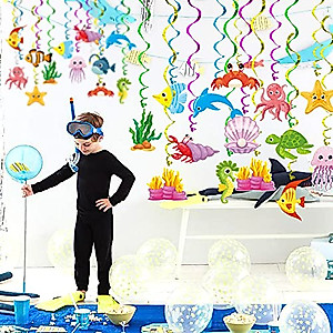 Sea Animals Life Hanging Swirls 30 Pack Foil Ceiling Hanging Swirls Streams Banner Garland Decor for Kids Under The Sea Mermaid Baby Shower Celebrating Events Birthday Party Supplies Room Wall Decor