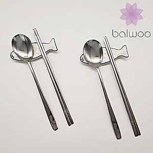 BALWOO Whale Design Korean Traditional Table Sticky Rice Spoon and Chopsticks Mukbang Cutlery 430 Stainless Steel