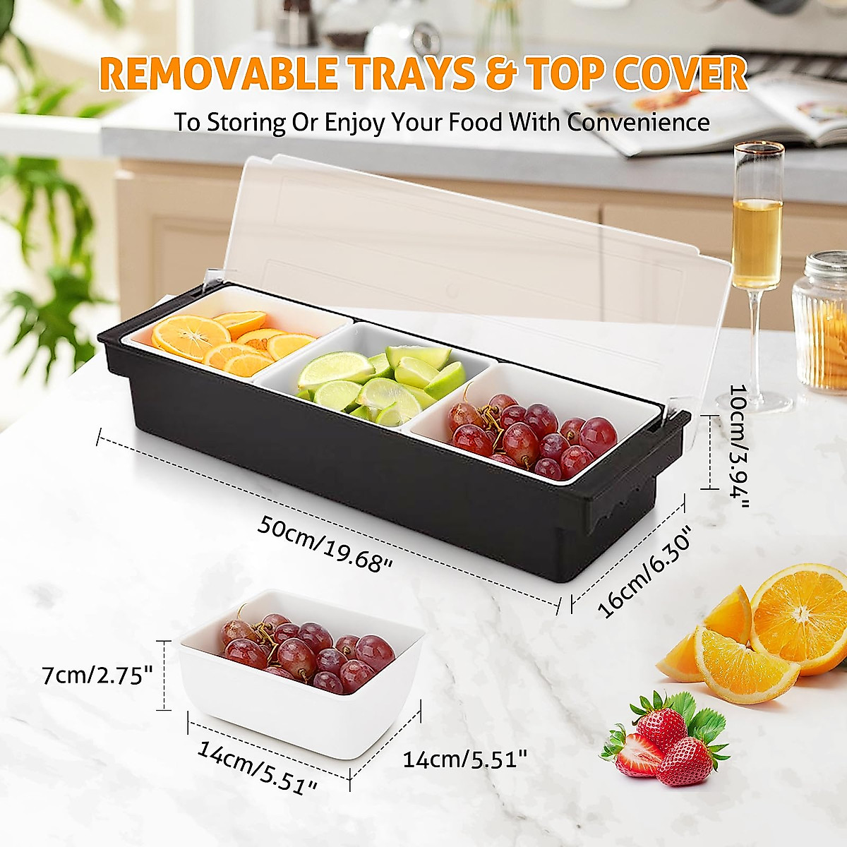 WICHEMI Fruit, Veggie & Condiment Caddy with Lid Dispenser Tray Plastic Garnish Station for Bartending & Serving Taco, Ice Cream, Salad Bar - Topping Organizer for Restaurant Supplies (3 Compartment)