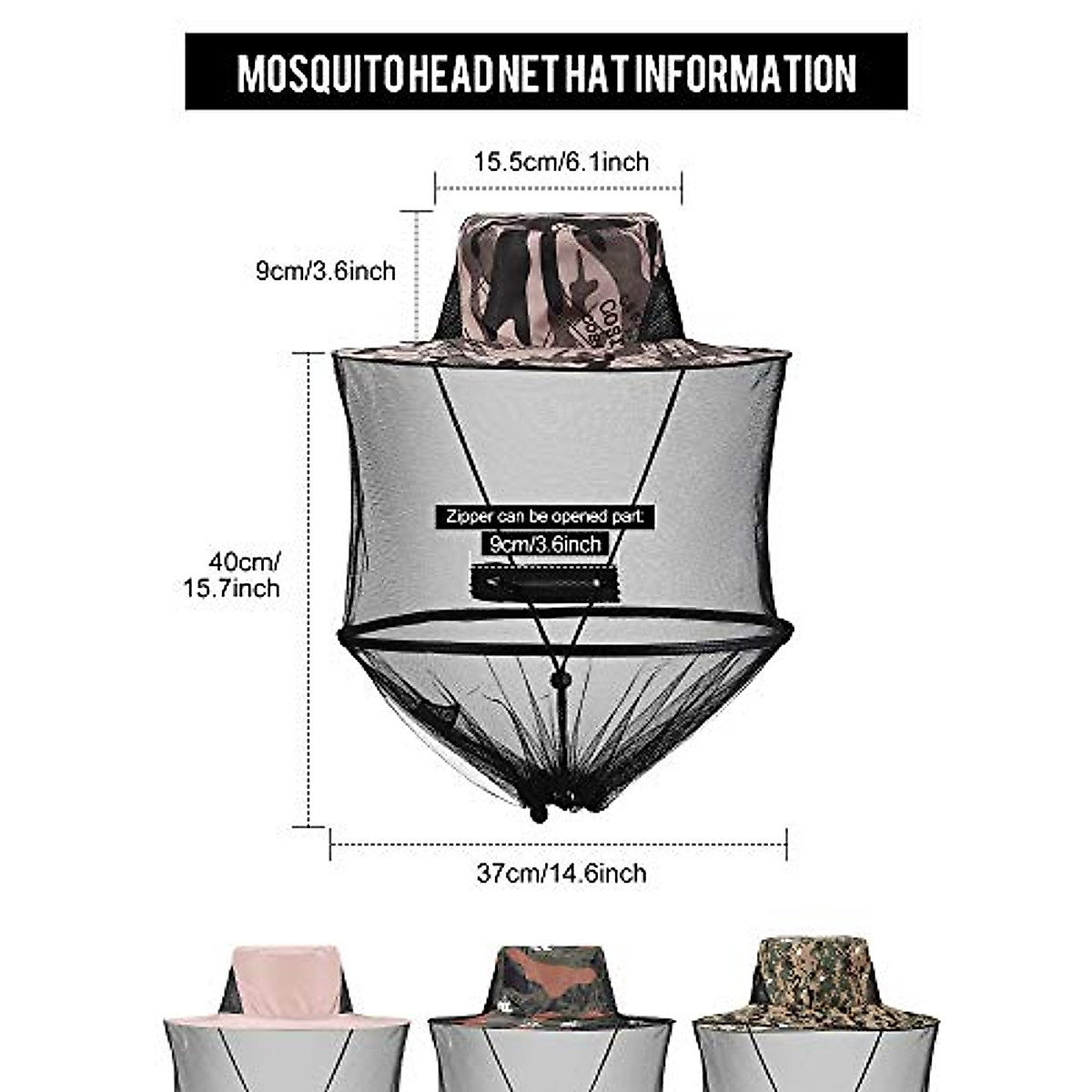 4 Pieces Mosquito Head Mesh Mosquito Cap Net Hat Face Cover with Zipper Foldable Fly Protection Netting Hat for Fishing Hiking Gardening, 4 Colors