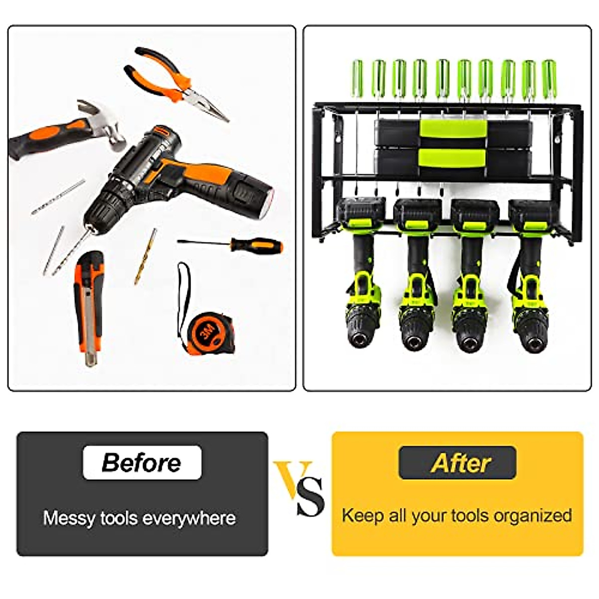 Power Tool Organizer, Drill Holder Storage Rack with Wall Mounted 4 Drill Slots 3 Layers Garage Tool Organizer Storage Wrench and Srewdriver Rack for Home and Workshop