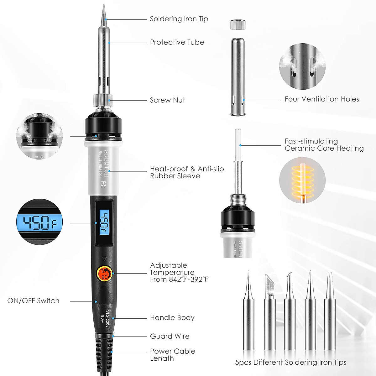 Electronics Soldering Iron, SREMTCH 80W Precision Soldering Iron Kit with LCD Display, Professional Soldering Iron Kit with Adjustable Temperature 392℉ - 842℉, ON/OFF Switch, Welding Accessories