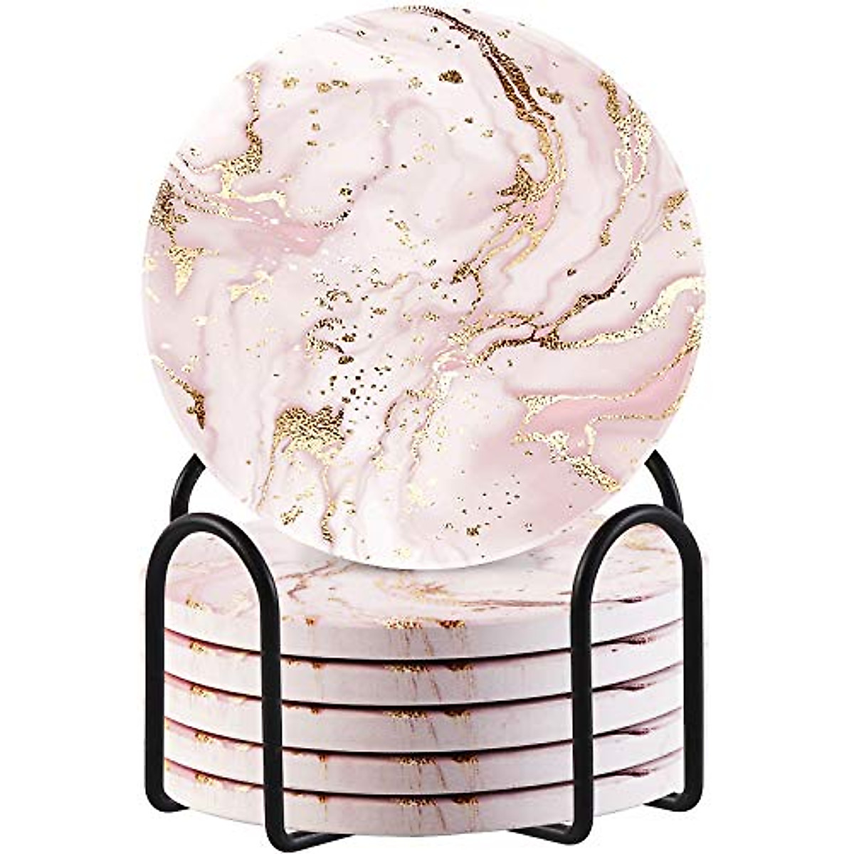 Lahome Pink Coasters for Drinks Absorbent with Holder,Set of 6 Marble Pattern Ceramic Stone Coaster Set with Cork Backing for Mugs Cups Wooden Coffee Table Protection,4 Inches