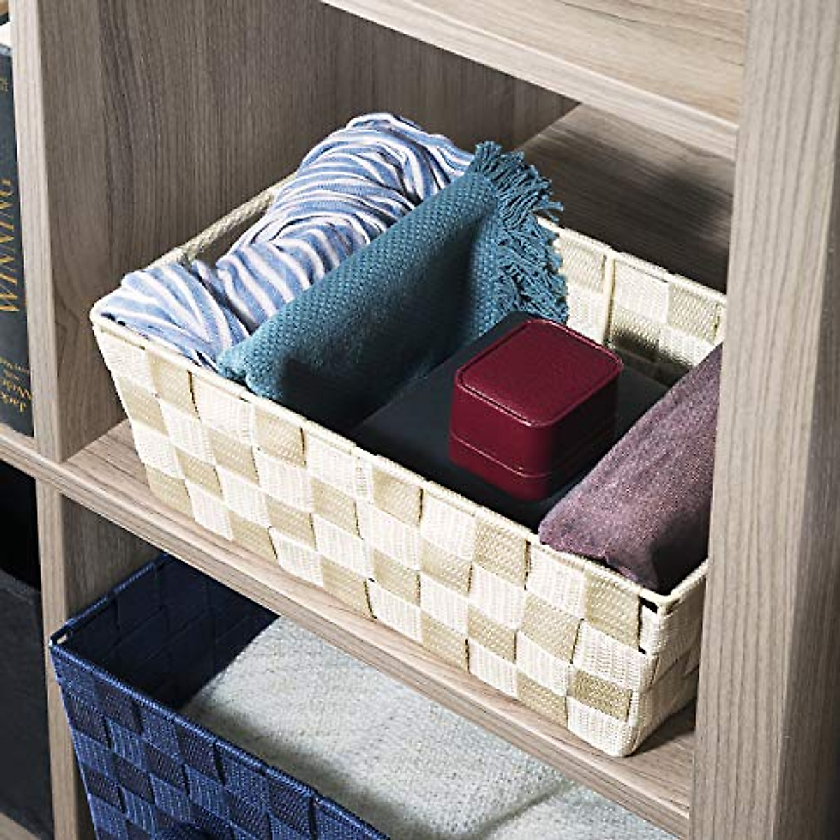 Home Basics Non-Woven Strap Handle Bin, Storage Basket Organizer, (Ivory, Small)