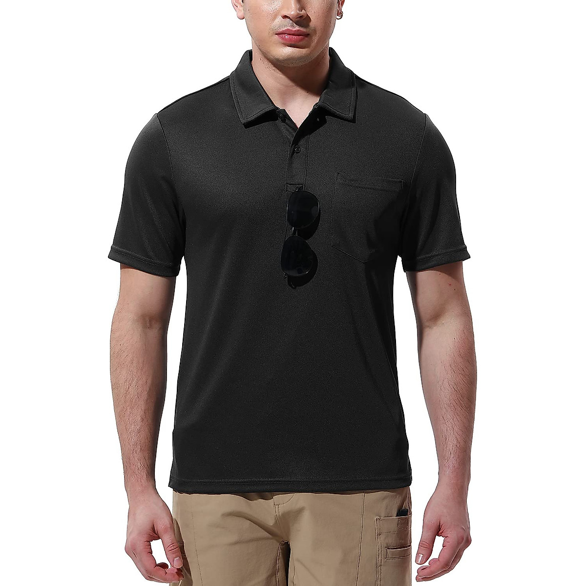 Gopune Men's Short Sleeve Polo Shirts Quick Dry Outdoor Regular Fit Golf Shirts with Pocket Black,L