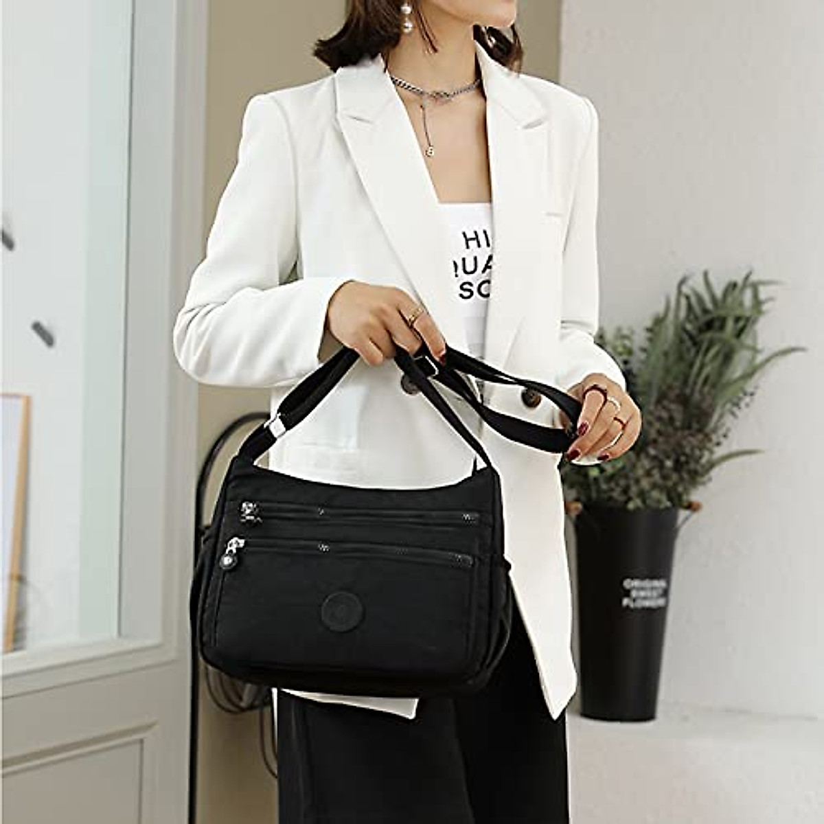 KEEPOP Women Nylon Shoulder Handbag Roomy Crossbody Purse Lightweight Fashion Multi Pocket Top Handle Satchel Shopper Work Travel Hobo Bag