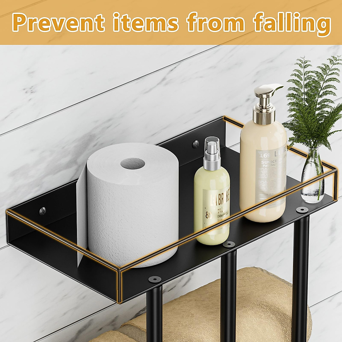 Ovicar Towel Racks for Bathroom - Wall Mounted Towel Rack with Metal Shelf & 3 Hooks, 3 Bars Wall Towel Holder for Small Bathroom, Bath Towel Storage for Rolled Towels Organizer (Black)