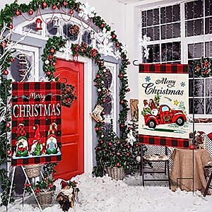 2 Pieces Christmas Garden Flags Christmas Decorations Outdoor Buffalo Check Plaid Truck Flag Double Sided Christmas Flags Xmas Outdoor Flag Winter Flag for Holiday Home Decoration, 18 x 12 Inches