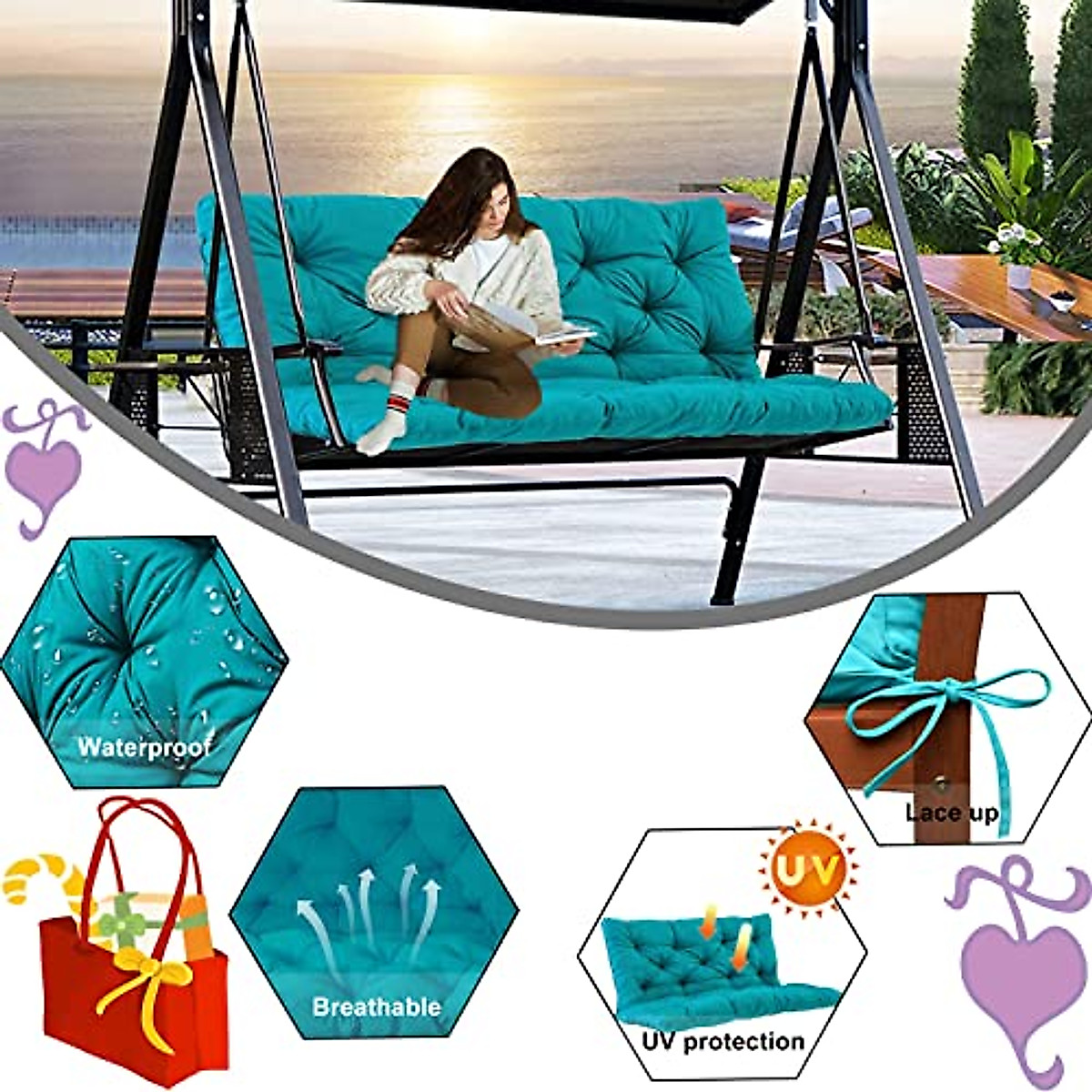 Dttra Replacement Cushions for Swing, Garden Bench Seat Cushion, Waterproof Swing Replacement Cushions with Backrest and Ties, Outdoor Porch Patio Swing Non-Slip Chairs Pad (E, 40 x 60in), Lake Blue
