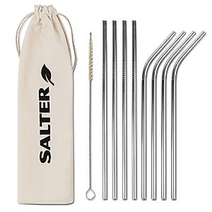 Salter 302 SSXR Eco Reusable Metal Drinking Straws, Curved and Straight Design, Set of 8, Includes a Sisal Fibre Cleaning Brush and Drawstring Bag, Perfect for a Night Out or Picnic, Stainless Steel