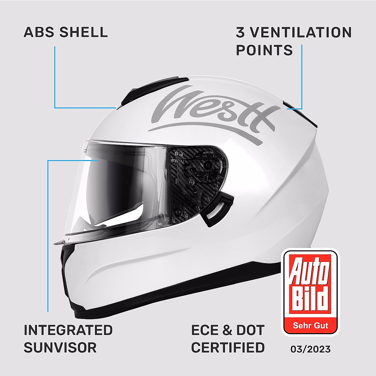 Westt Motorcycle Helmets Full Face Helmets - Street Bike Helmet with Dual Visor DOT Approved for Men Women Adults Compact Lightweight Storm X Grey Black White (White, M (22.44-22.84 in))