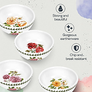 Portmeirion Botanic Roses 5-Inch Bowl, Assorted Rose Motifs, set of 4, Dishwasher, Microwave, and Warm Oven Safe, Ceramic Bowls for Dessert, Ice Cream, and Oatmeal
