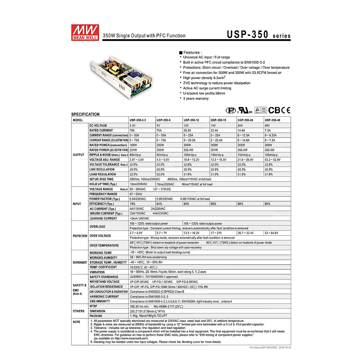 MW Mean Well USP-350-24 24V 14.6A U-bracket Switching Power Supplies