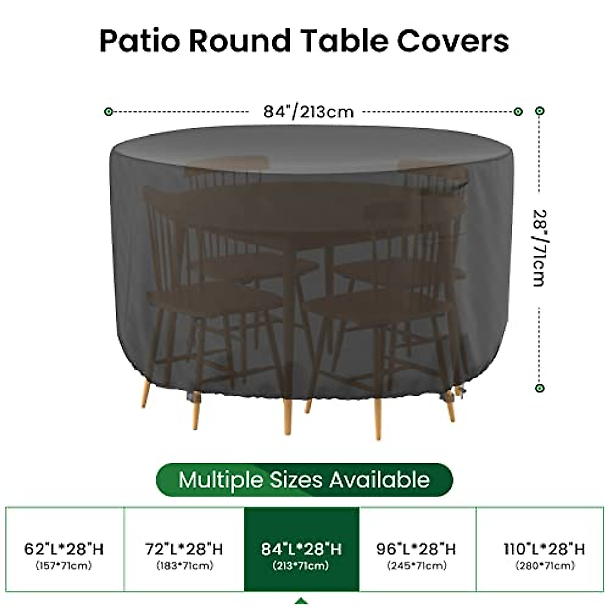 Mrrihand Round Patio Table Cover - Heavy Duty Outdoor Furniture Cover Waterproof Patio Furniture Covers for Outdoor Furniture Set, 84"DIAx28"H, Black