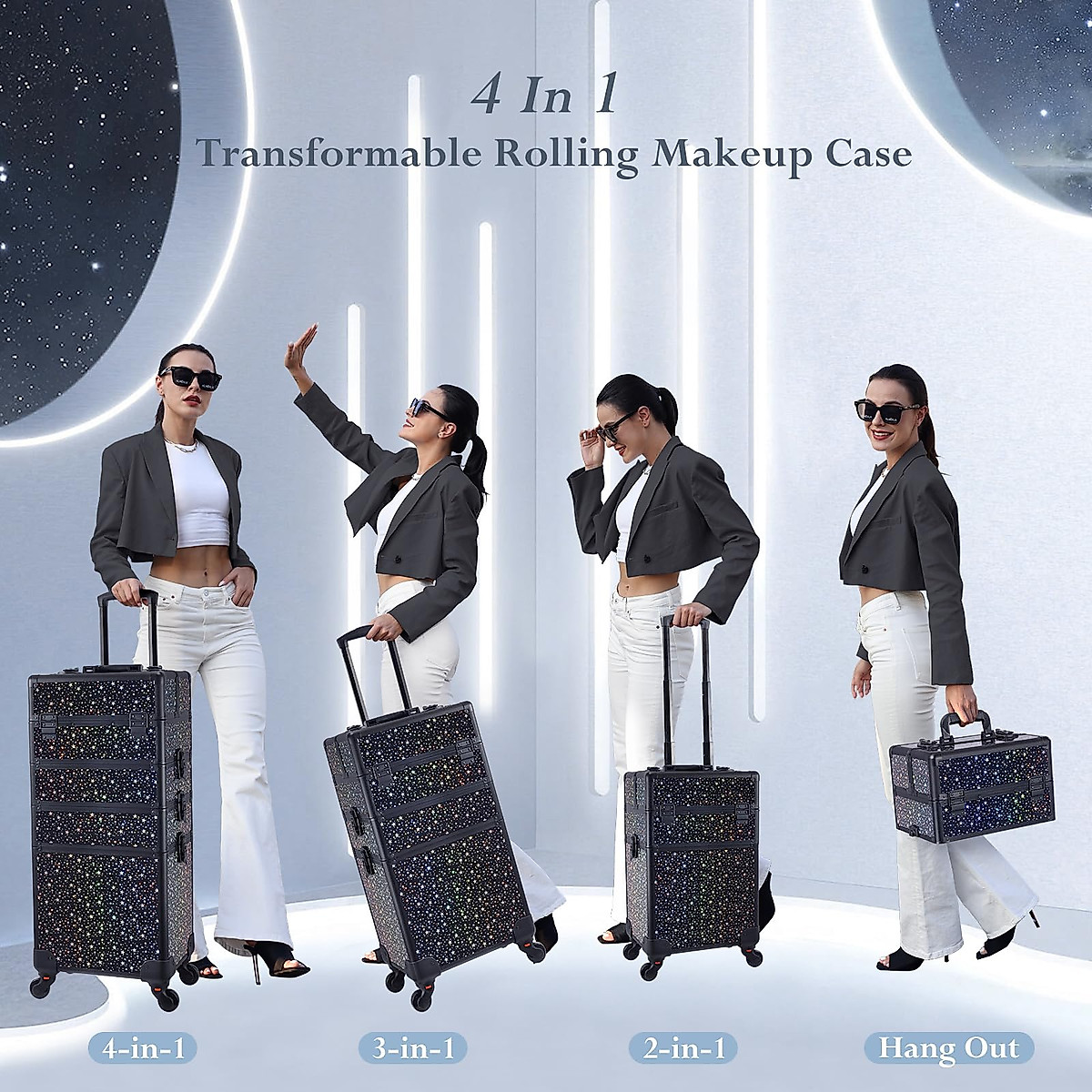 Stagiant Rolling Makeup Case 4 in 1 Cosmetology Case on Wheels Makeup Travel Case with Brush Waist Bag Key Swivel Wheels Salon Barber Case Traveling Cart Trunk Cosmetic Trolley Balck Star