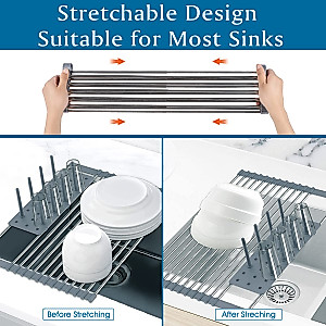 FHYNUI Roll Up Dish Drying Rack Over The Sink, 12.6"x22.9" Adjustable Foldable Sink Rack Stainless Steel Multipurpose Dish Drainer Drying Mat for Kitchen Counter with Cup Holder