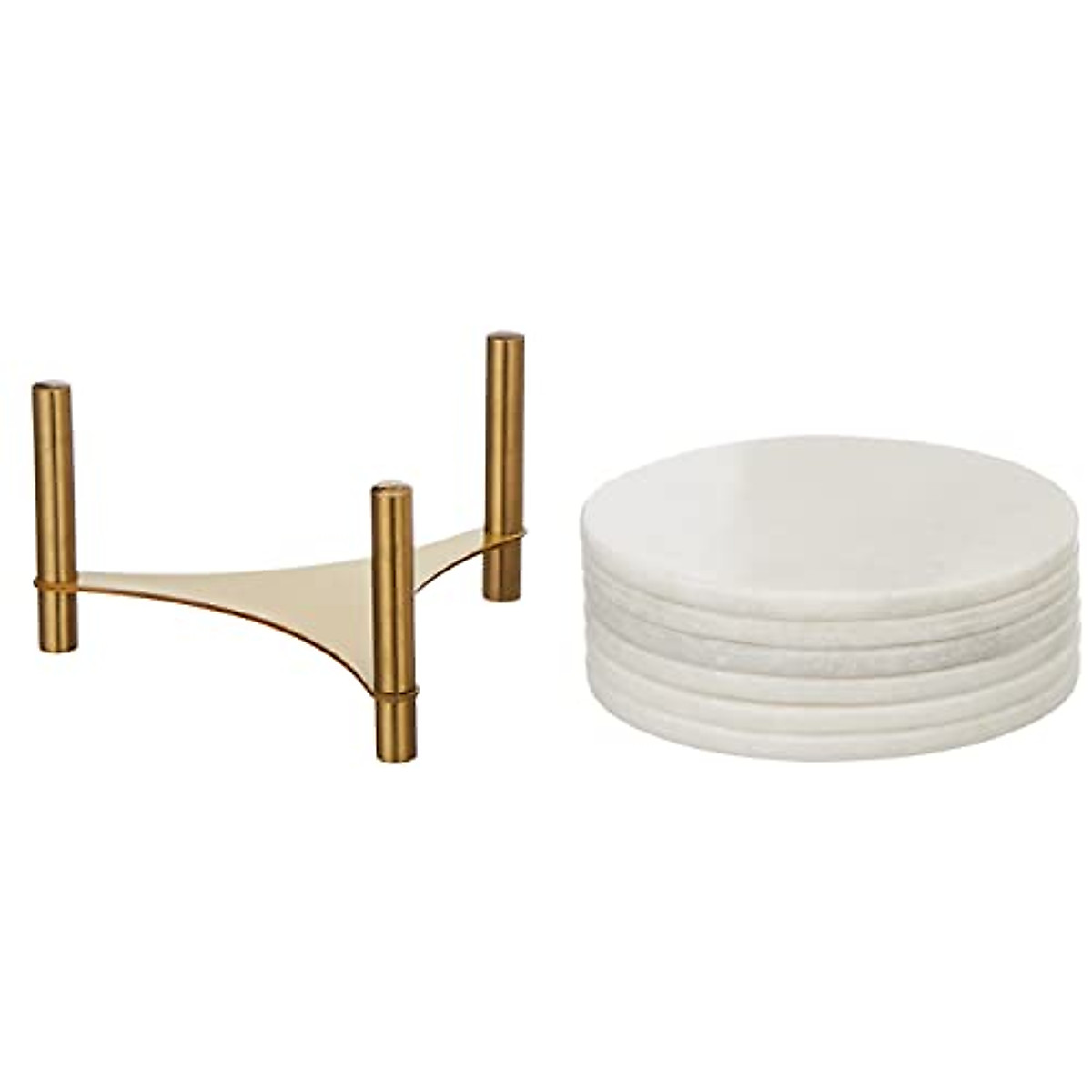 Queenza Marble Coasters for Drinks, Set of 6 Coasters with Holder, Pearl White Marble Coasters 3.5 Inch Wide 5 mm Thick Gold Coasters For Drinks, Both Side Polish For Scratch Free Surface Coaster Set