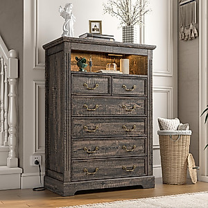 EnHomee Farmhouse 6 Drawer Dresser for Bedroom LED Light & Power Outlets, 48" H Solid Wood Dressers & Chests of Drawers with Natural Texture, Tall Dressers for Bedroom, Hallway (Dark Rustic Oak)