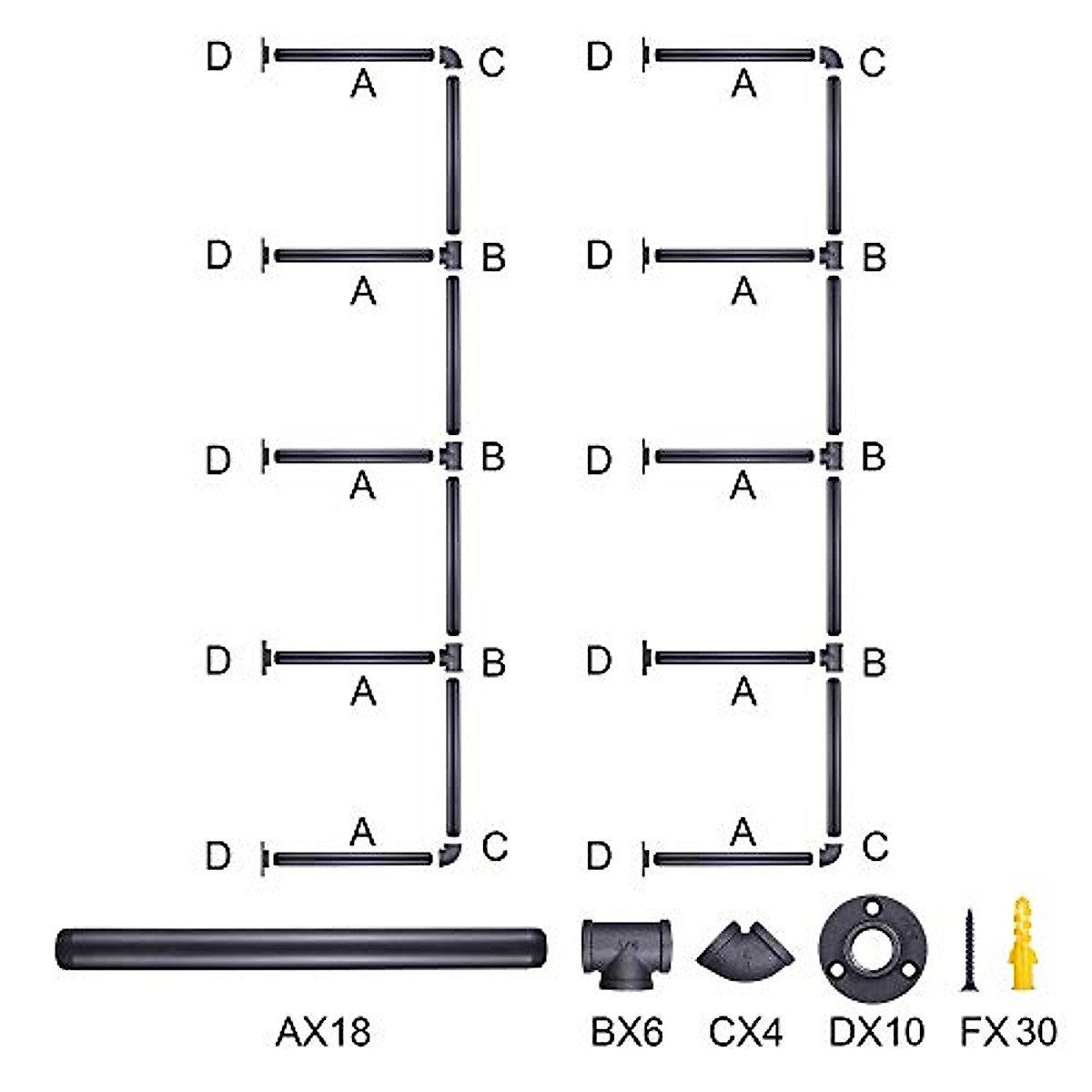 MUZIK 5 Tier Industrial Wall Mount Iron Pipe Shelf, 3/4 Inches Malleable Cast Iron Pipe Wall Mount Bookshelf Shelving Unit, DIY Open Bookshelf, Shelf Shelves, 2 Pack 52 Inch Tall