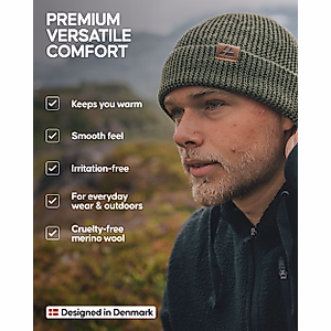DANISH ENDURANCE Merino Wool Beanie for Men & Women, Knitted Winter Hat, Green, One Size
