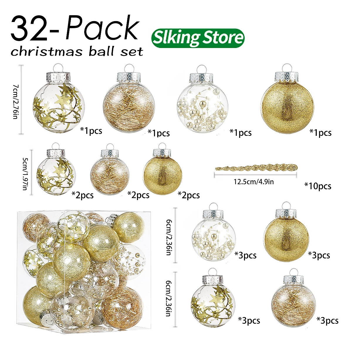 SLK Ornaments Shatterproof, 32 Counts Xmas Plastic Clear Christmas Balls Hanging Tree Glittering Balls with Stuffed Decorations Multi Size Gold