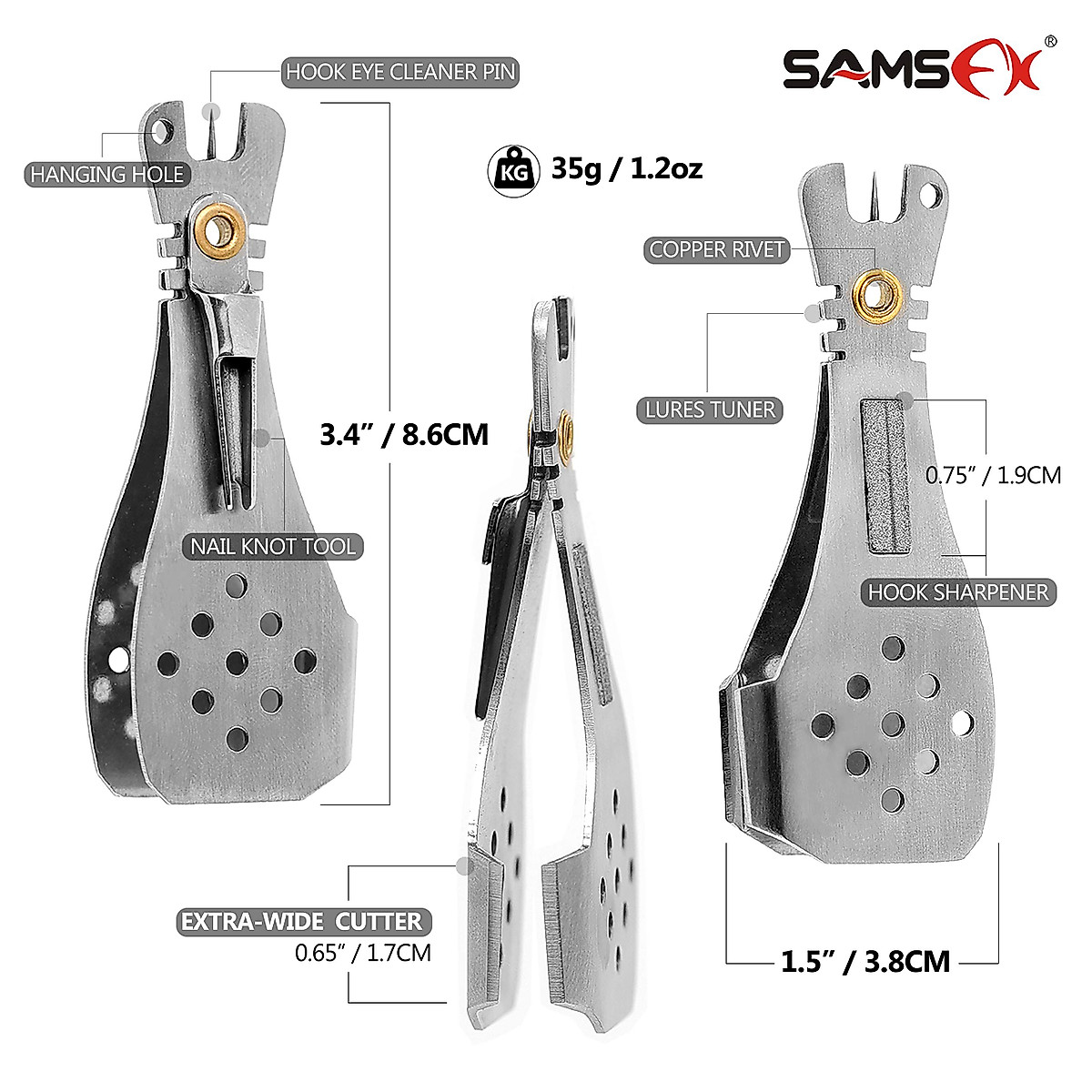SAMSFX Fishing Gear Knot Tying Tool Quick Knot Tools 3.4" Fishing Line Clipper with Retractor (5 in 1 Nipper & Carabiner Style Zinger Retractors)