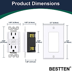 BESTTEN 10 Pack 15 Amp GFCI Outlet, GFI Receptacle Outlet with LED Indicator, Ground Fault Circuit Interrupter, Non-Tamper-Resistant, Wallplate Included, ETL Certified, White