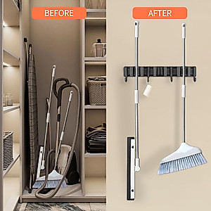 Broom and Mop Holder Wall Mount,Upgraded Broom Organizer,Broom Hanger Wall Mount for Home Kitchen Bathroom Garden Laundry Garage,Tool Organizer With 3 Racks and 4 Hooks (Black, 3 Racks with 4 Hooks)