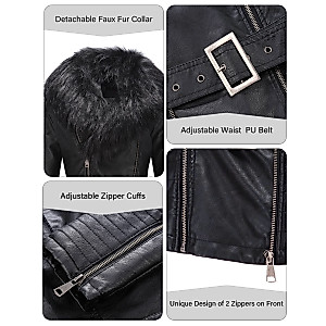 Bellivera Women's Faux Leather Short Jacket Moto Sherpa-Lined Belt Coat with Removable Fur Collar 9203 Black M