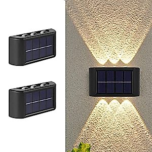 Solar Up Down Wall Lamp,6 Led Exterior Lights for House,2 PCS Small Exterior Light Fixture Waterproof Outdoor Decorative Lighting for Home Garden Porch Rooftop Yards (Warm White)
