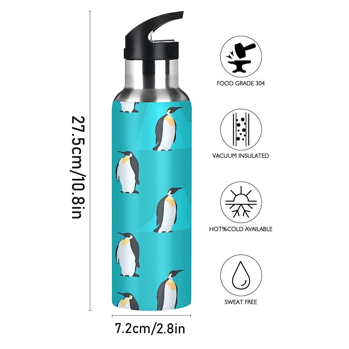 SUABO Penguin Water Bottle for Girls Boys, Insulated Stainless Steel Sports Water Bottle with Straw, 20oz