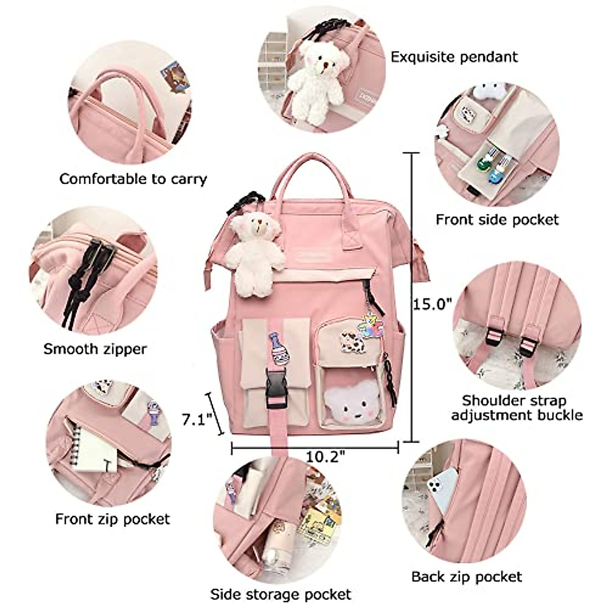 Kawaii Big Capacity Backpack with Kawaii Pin and Accessories, Cute Aesthetic Backpack Teen Girls Backpacks for School (Pink)