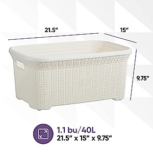 Plastic Laundry Basket Small Storage Hamper Basket, 2 Pack Cream Cloths Basket Organizer with Cut-Out Handles. Space Saving for Laundry Room Bedroom Bathroom, Knit Design 40 Liter.