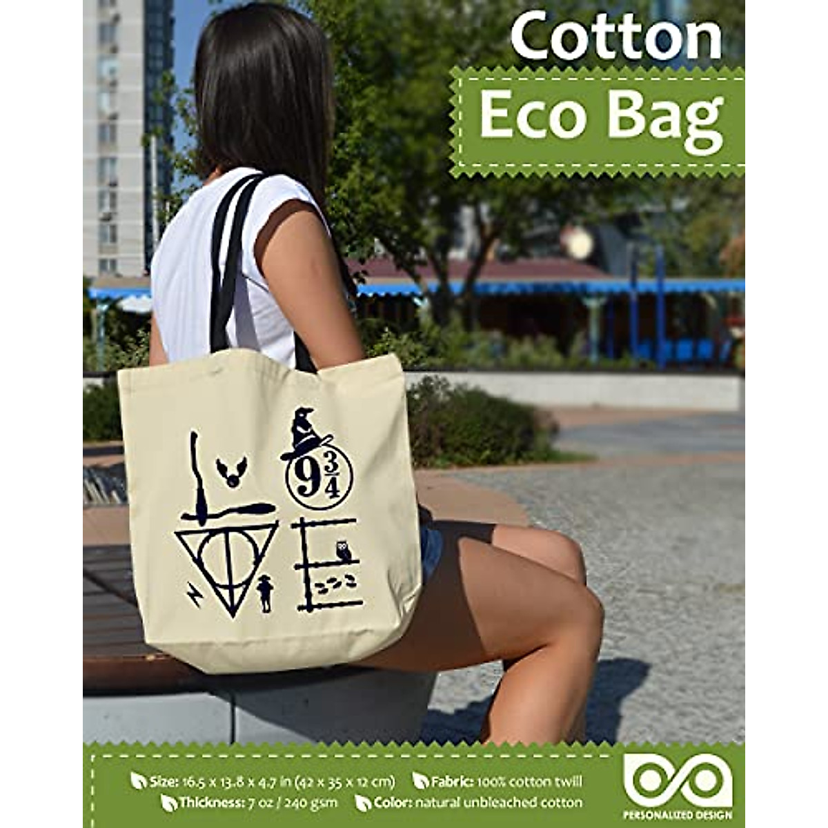 Personalized.Design Tote Bag Harry Potter Love - Reusable Cotton Canvas Organic Shoulder Craft Bag, ECBG-007, Beige, Large