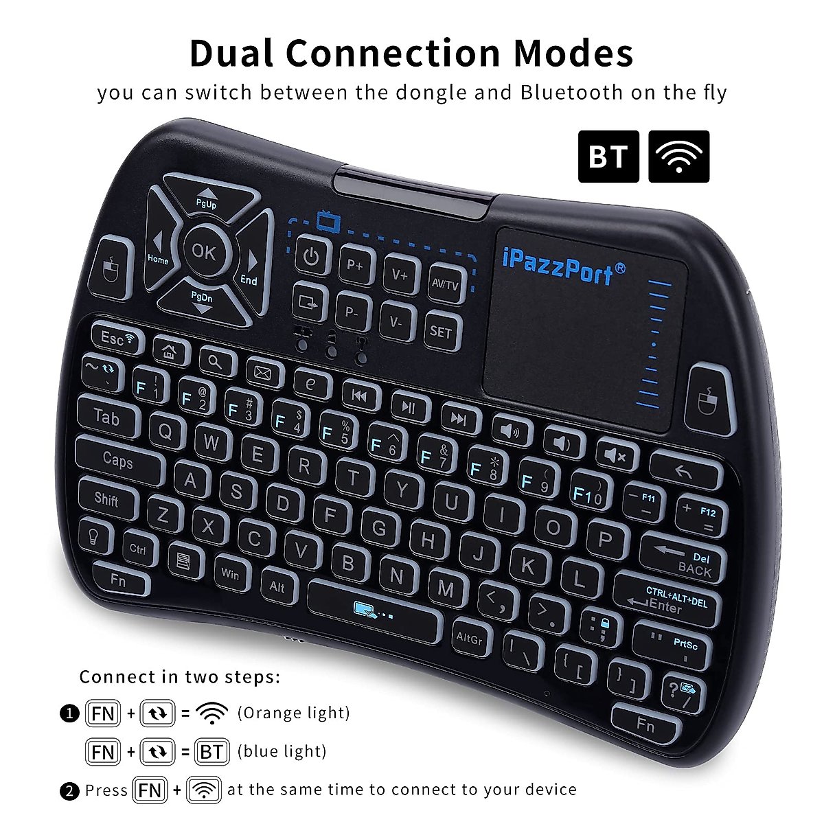 iPazzPort Bluetooth Mini Keyboard (IR Learning) Touchpad Mouse, Backlit 2.4GHz Wireless Keypad Remote Controller for Tablets, Smart TV,Fire Stick, Android TV Box KP-61SM (Bluetooth and 2.4G)