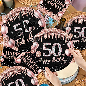 142Pcs 50th Birthday Tableware Decorations,Black Rose Gold Tableware Set 50th Birthday Plates and Napkins Cup Rose Gold Tablecloth Happy Birthday Banner for Women Birthday Disposable Supplies Serve 20