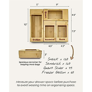 Simluxe Ziplock Bag Organizer - Bamboo Food Plastic Baggie Holder Dispenser and Organizer for Kitchen Drawer - Fits Ziplock and Ziploc Gallon Quart Sandwich & Snack Sized Slider Bags (Natural)