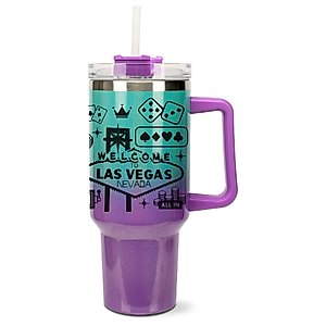 Elanze Designs Welcome to Fabulous Las Vegas Nevada 40 oz. Stainless Steel, Large Water Bottle Coffee Mug, Spill & Leak Resistant, Thermal Travel Tumbler with Handle, Lid & Straw, Teal & Purple