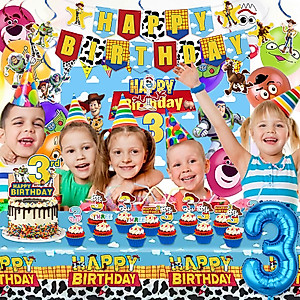 Toy Inspired Story Birthday Decorations For 3 Year Old,Include Happy Birthday Banner,Balloons,Backdrop,Tablecloth Cake Topper For 3rd Birthday Decorations for Boys.