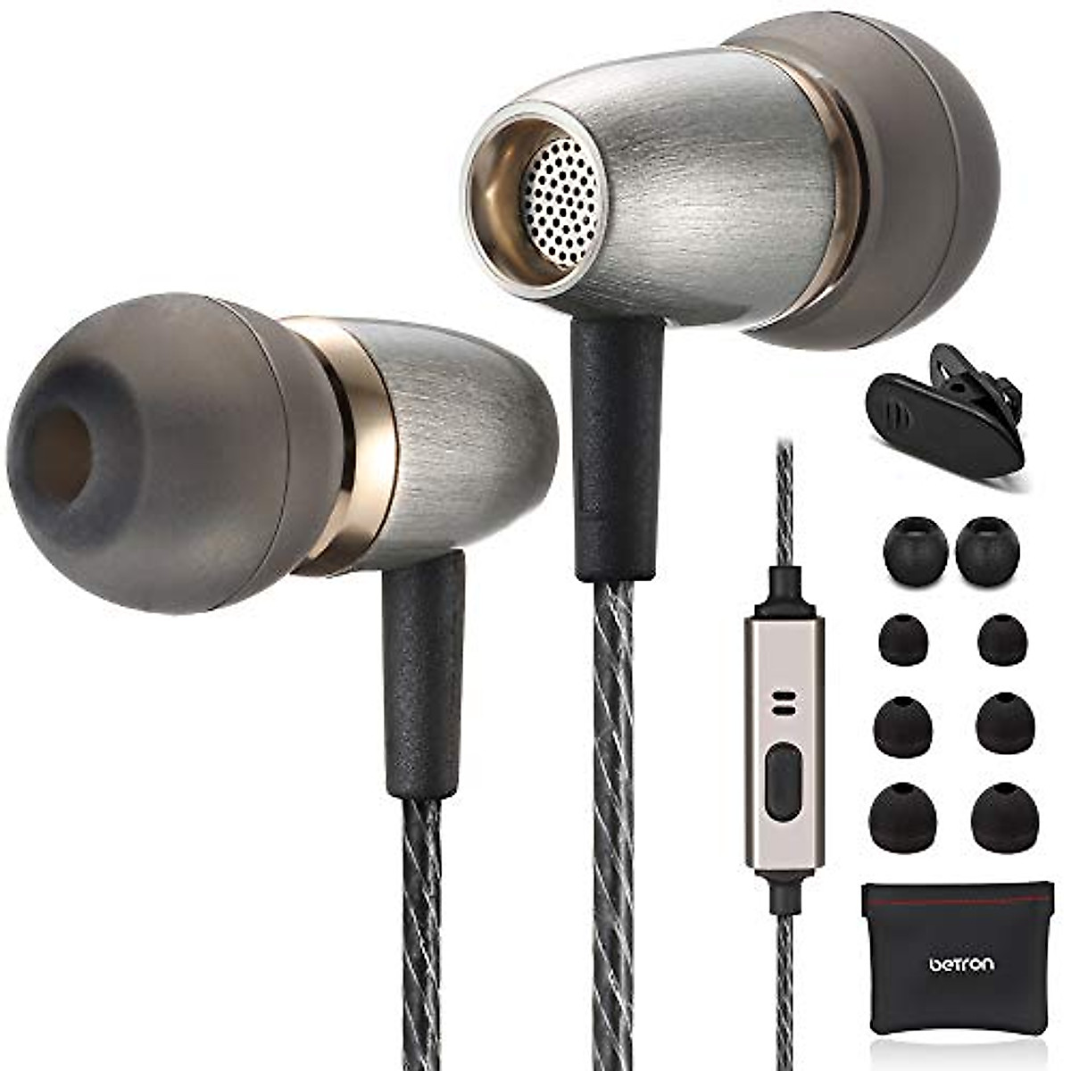 Betron in-Ear Headphones with Microphone - Extra S/M/L Noise Isolating Earbud Tips, Carry Case, Tangle-Free Cable, Wired 3.5mm Connection