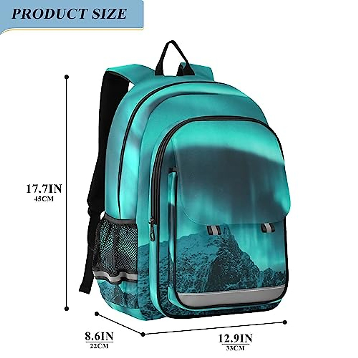 Glaphy Aurora Borealis Galaxy Mountain Backpack, School Bag Lightweight Laptop Backpack Students Travel Daypack with Reflective Stripes