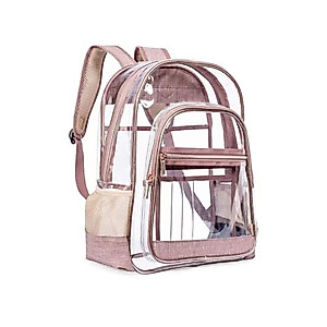 HIQUAY Heavy Duty Multi-Pockets Transparent Bookbag Clear Backpack Large Capacity See Through Backpack for Office (Pink)