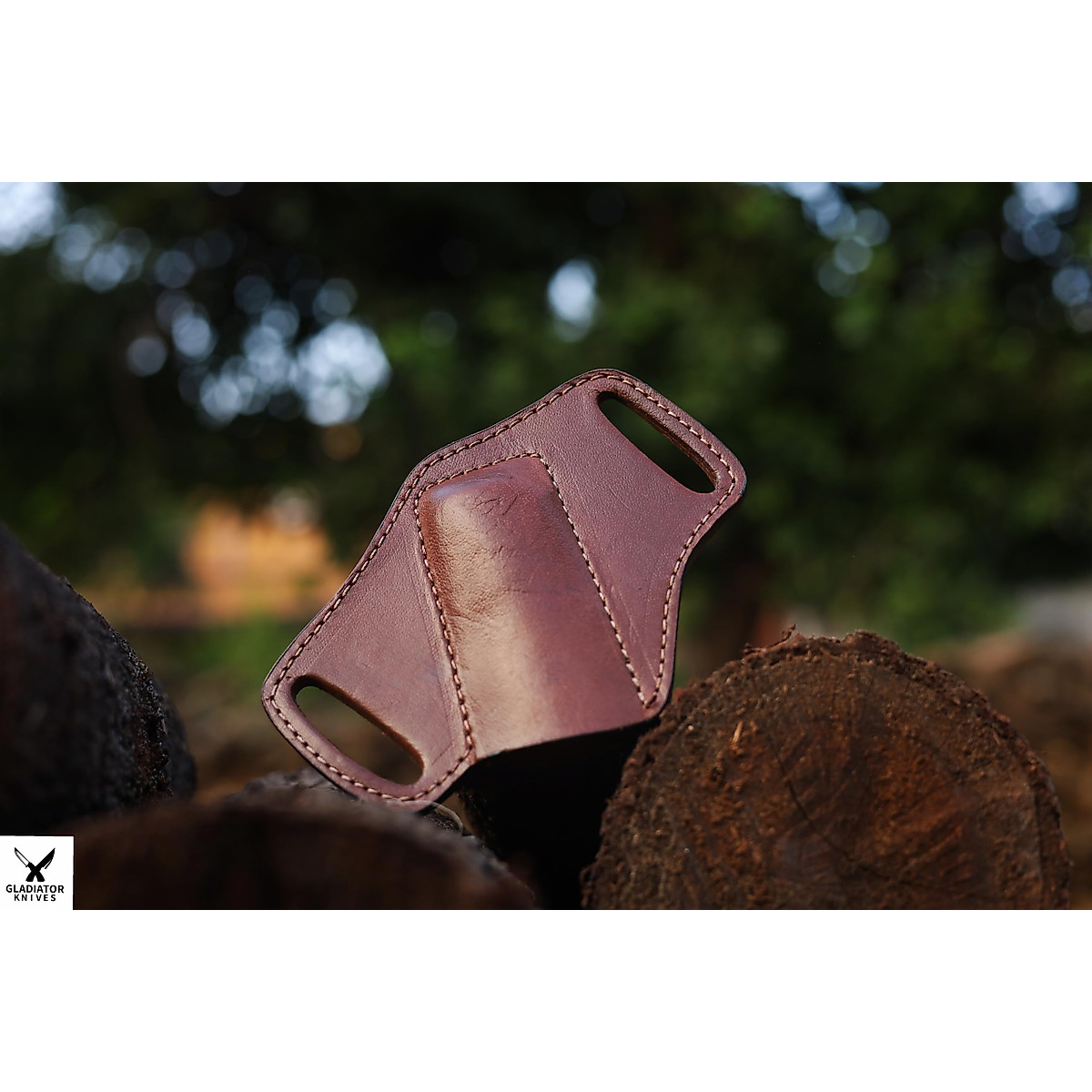 Handmade Leather Sheath for Pocket Knives, Slanted Pancake/Tooled/Belt/Trapper Style, TAN, 100% Real Leather (Brown)